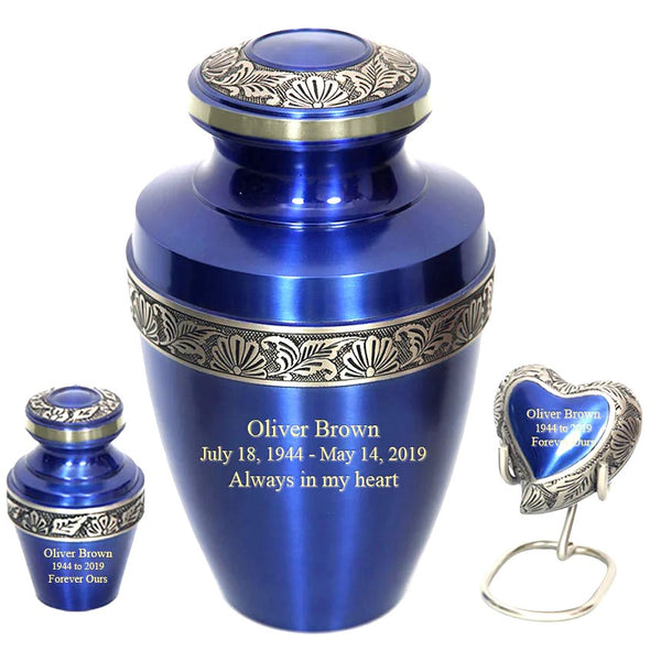 Deep Blue Adult Cremation Urn with Silver Trim - 200 cu in Memorial Urn